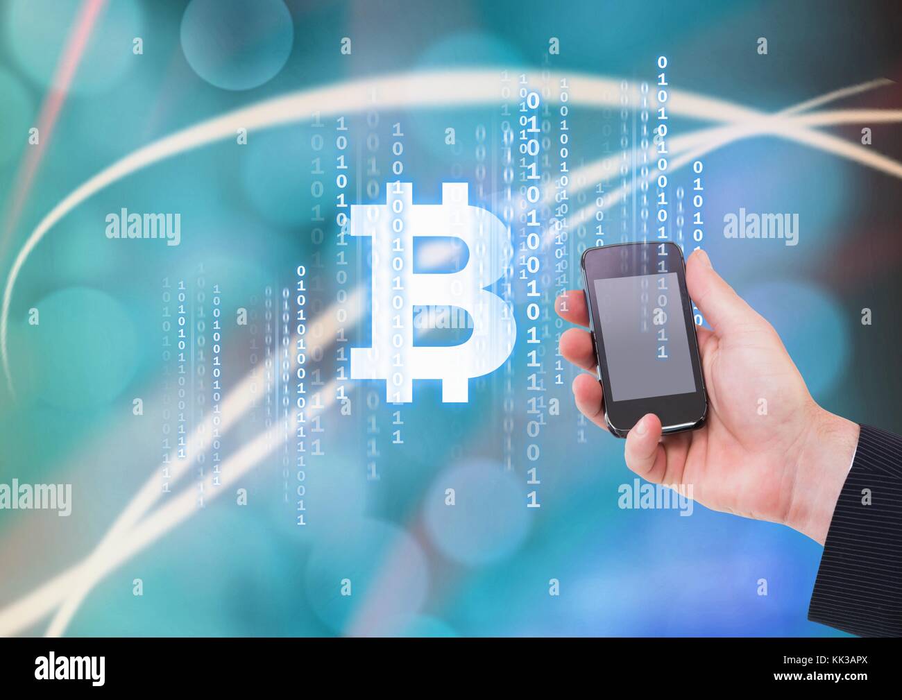 Digital composite of Bitcoin icon interface and hand holding phone ...