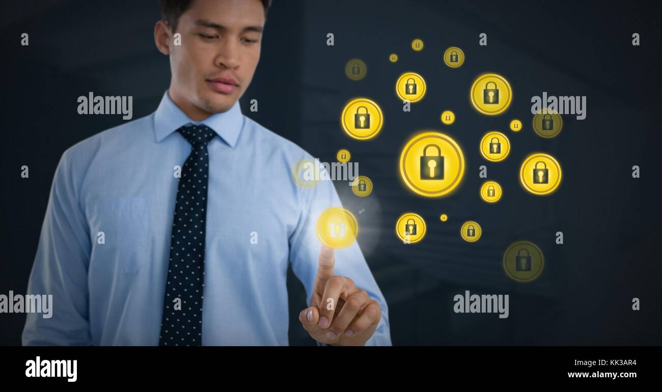 Digital composite of Businessman touching security lock icons Stock ... Digital composite of Businessman touching security lock icons Stock ...