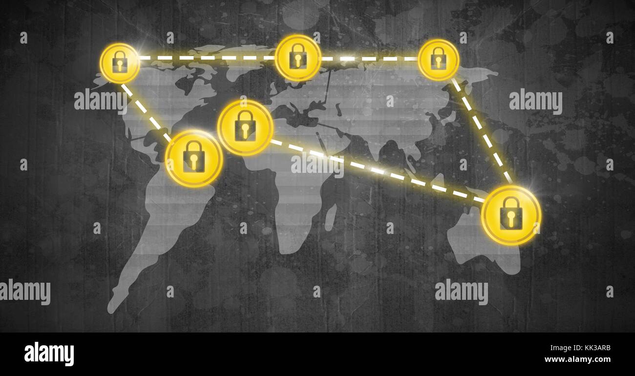 Digital composite of Security lock icons connecting on map Stock Photo ...