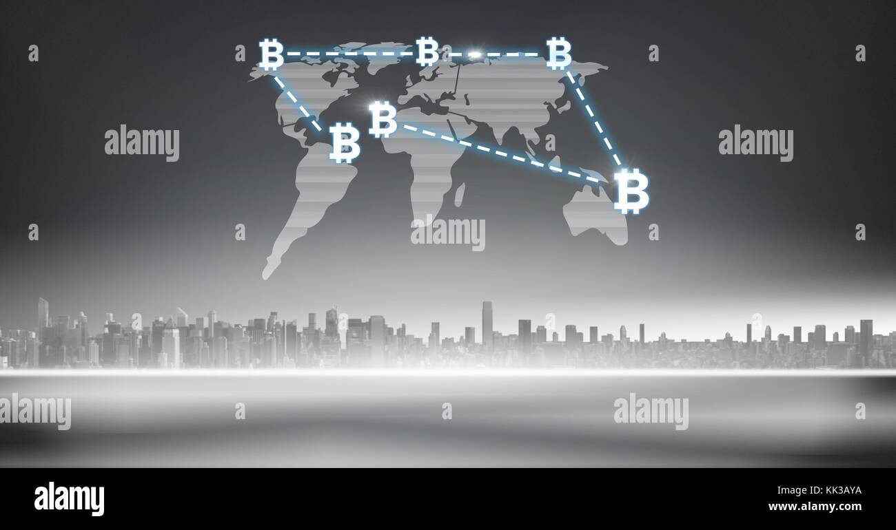 Digital composite of bitcoin graphic icons on world map over city Stock ...
