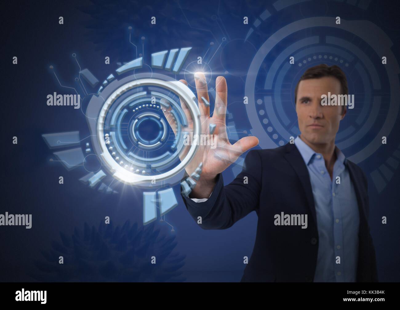 Digital composite of Businessman touching futuristic interface Stock ...