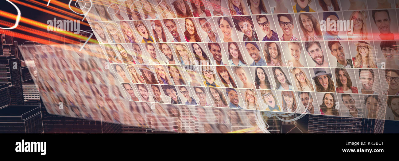 Orange light beams over skyscrapers against portrait collage very wide ...