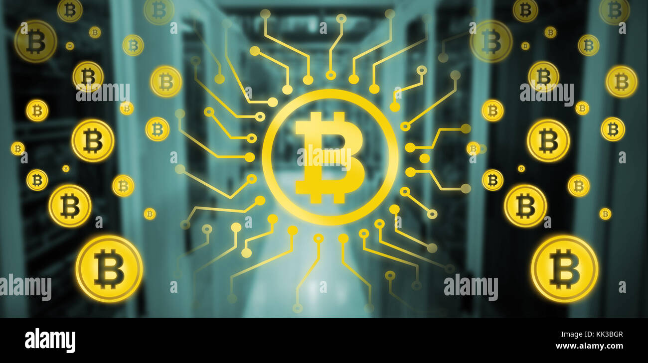Symbol of bitcoin digital cryptocurrency against empty server room ...
