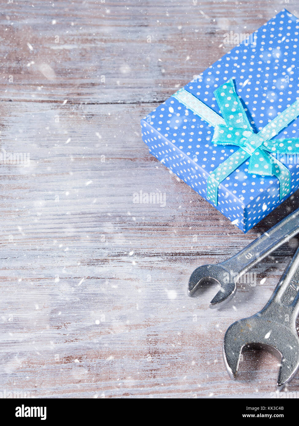 Father's day background on rustic wooden board with wrenches and blue ...