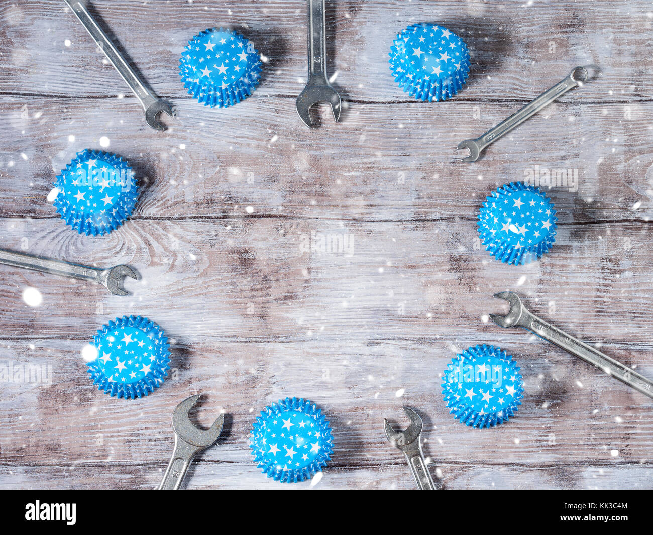Father's day background on rustic wooden board with wrenches and blue ...