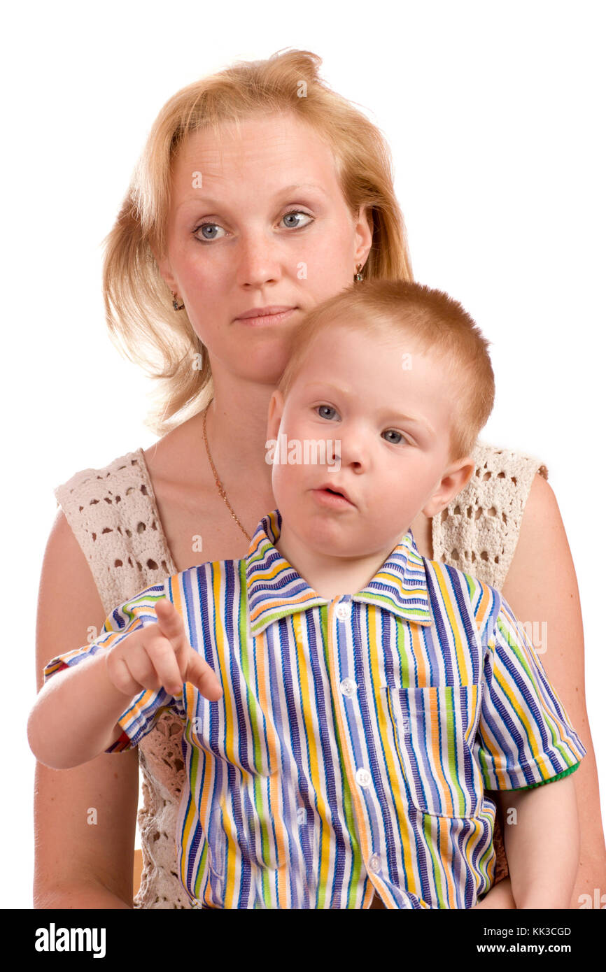 Mother and son looking away at something, child pointing Stock Photo ...