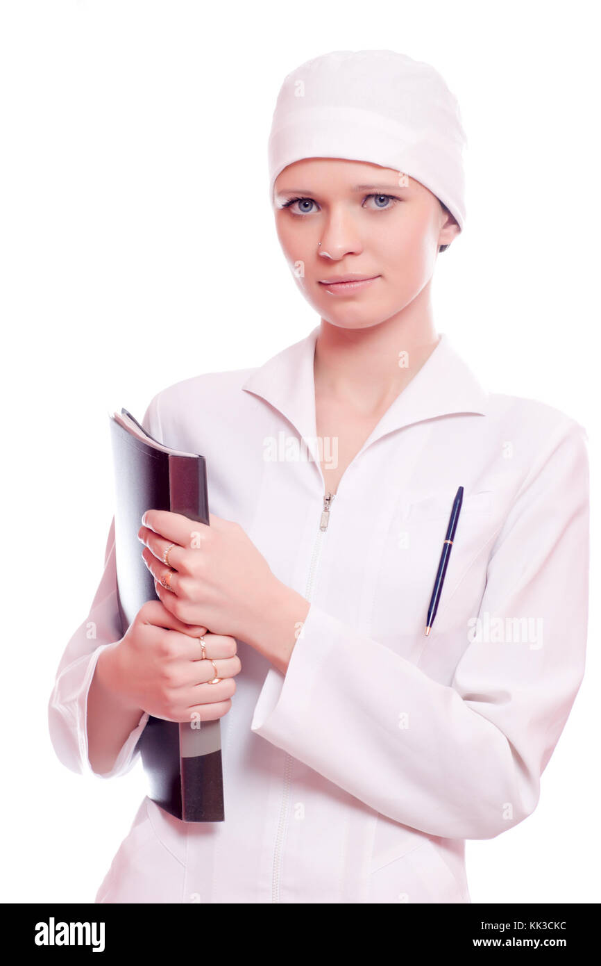 Beautiful young nurse holding file isolated on white Stock Photo - Alamy