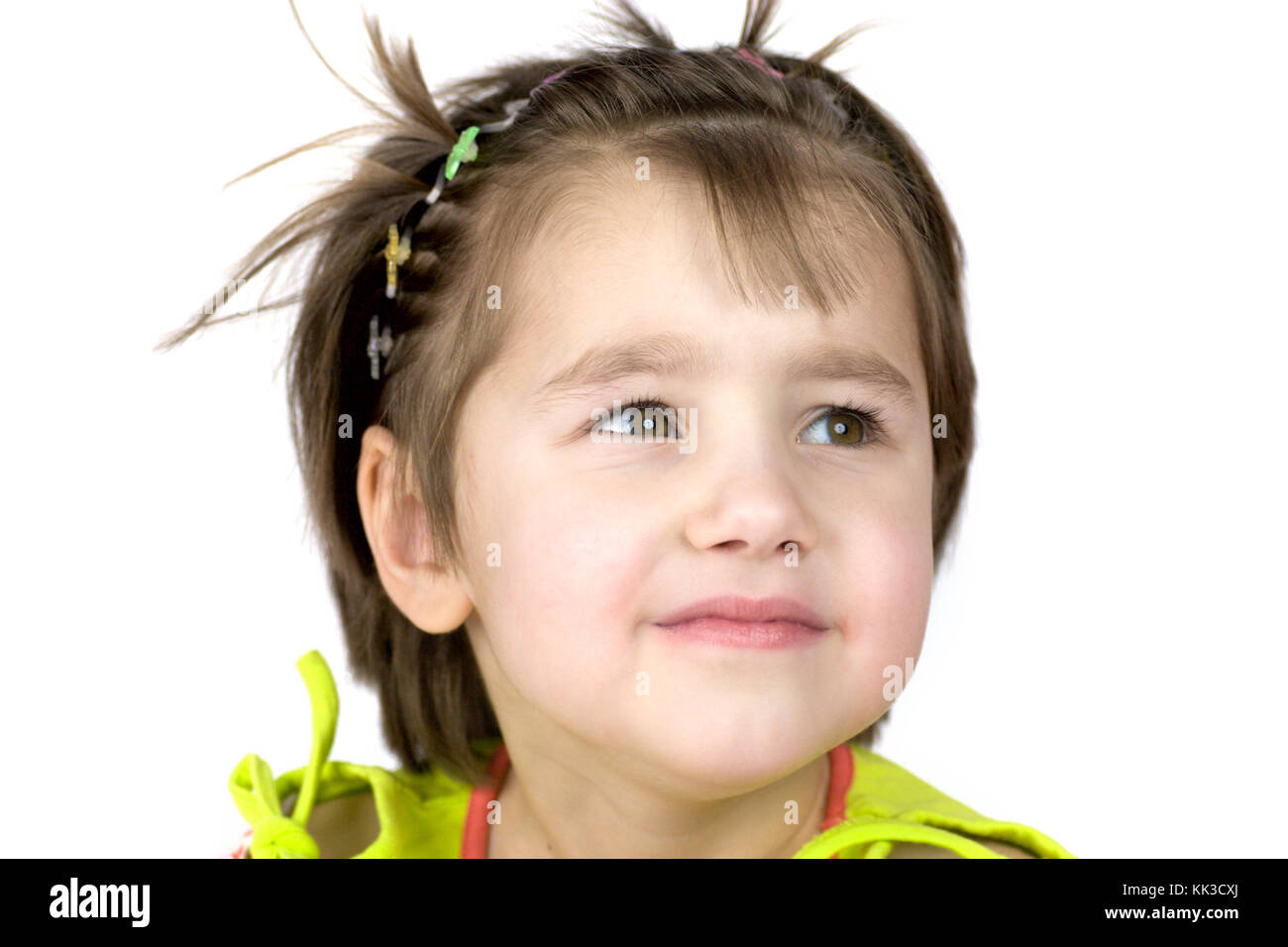Pretty shiny kind girl looking away isolated on white Stock Photo - Alamy