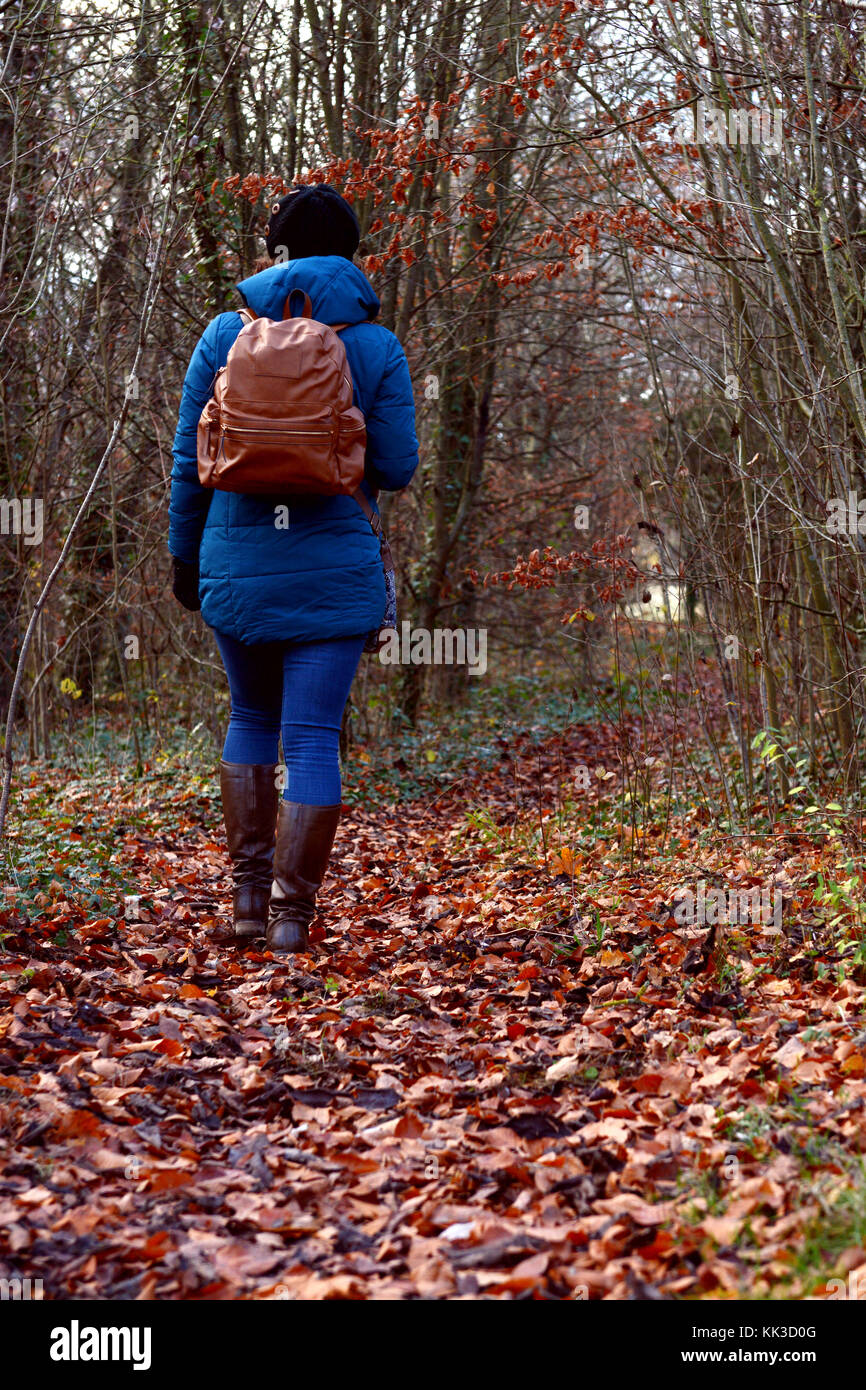 Woman hiking through fall woodland, dressed in a warm down jacket and ...