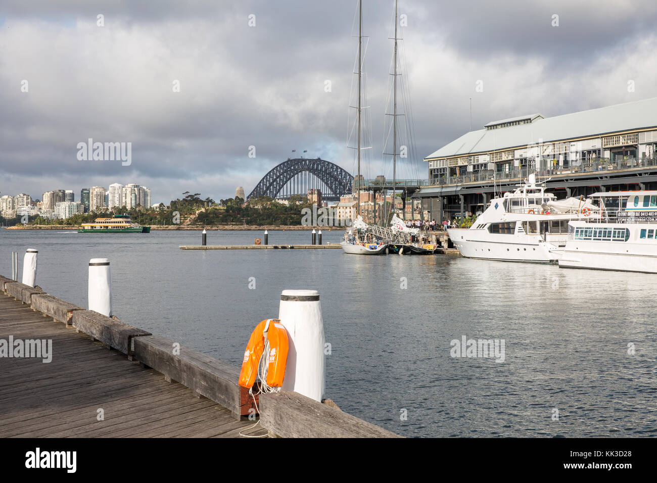 Jones Bay Wharf in Pyrmont and Sydney Harbour bridge,Sydney,Australia ...