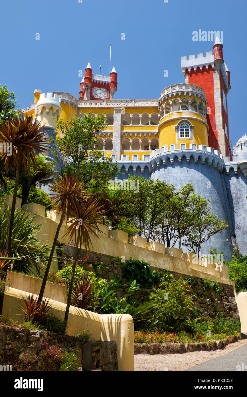 The view up to the Pena Palace – a Romanticist, colourful castle stands ...