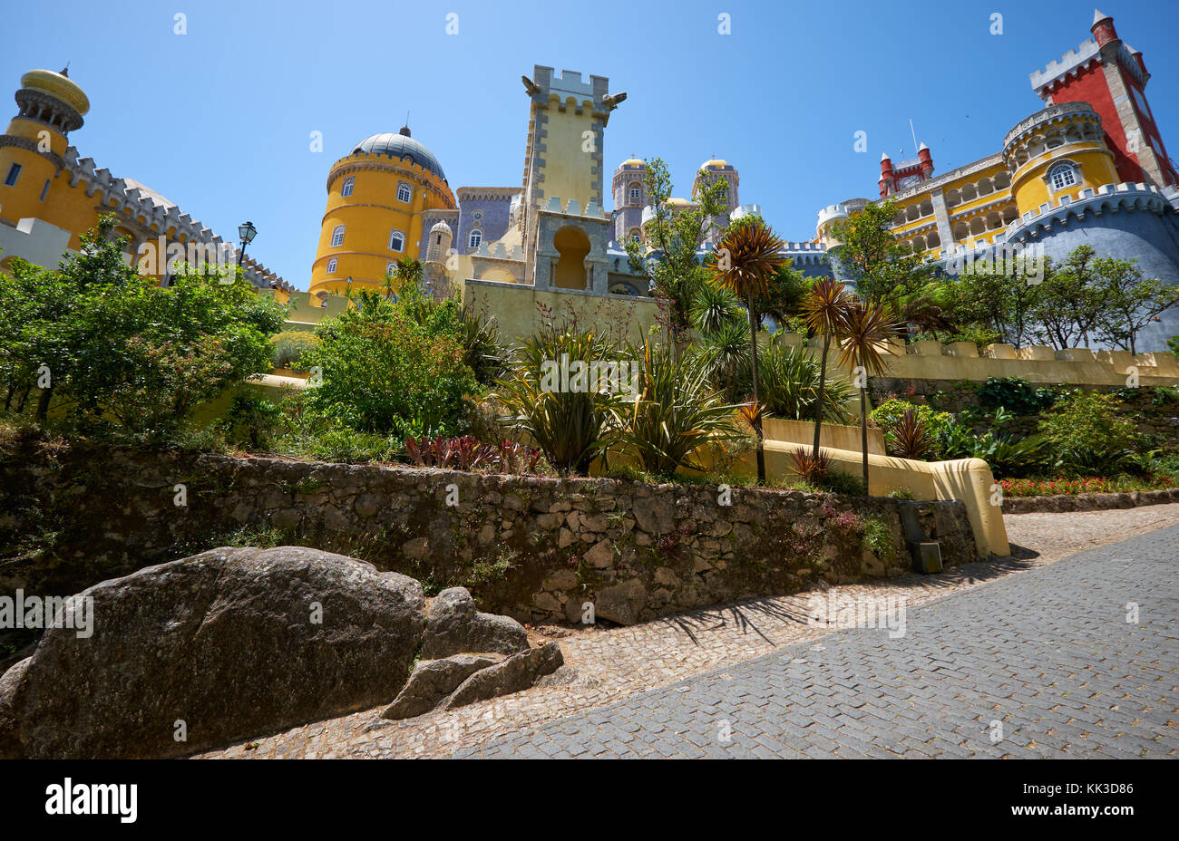 The view up to the Pena Palace – a Romanticist, colourful castle stands ...