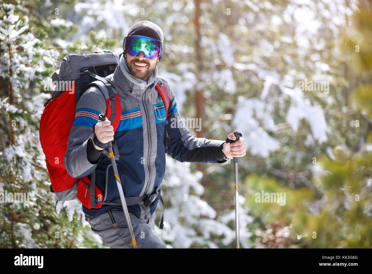 Smiling hiker with equipment hiking thru forest Stock Photo - Alamy