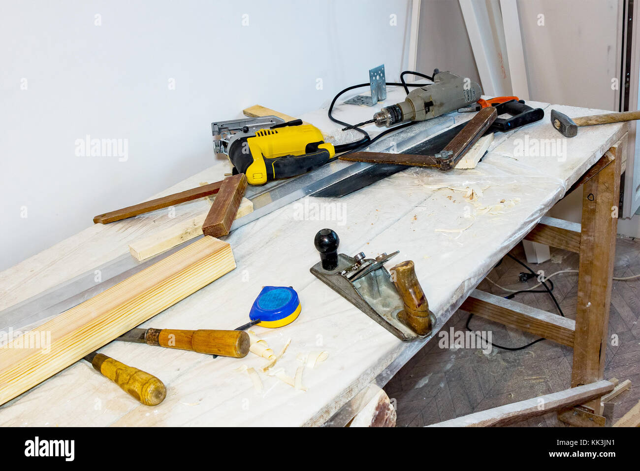 Table with the tools of a carpenter Stock Photo - Alamy