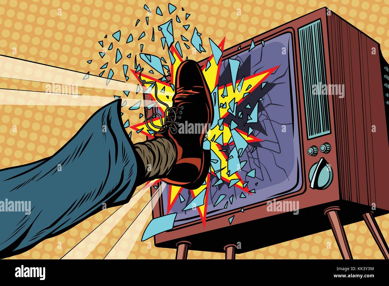 Leg breaks TV, concept fake news. Pop art retro vector illustration ... Leg breaks TV, concept fake news. Pop art retro vector illustration ...