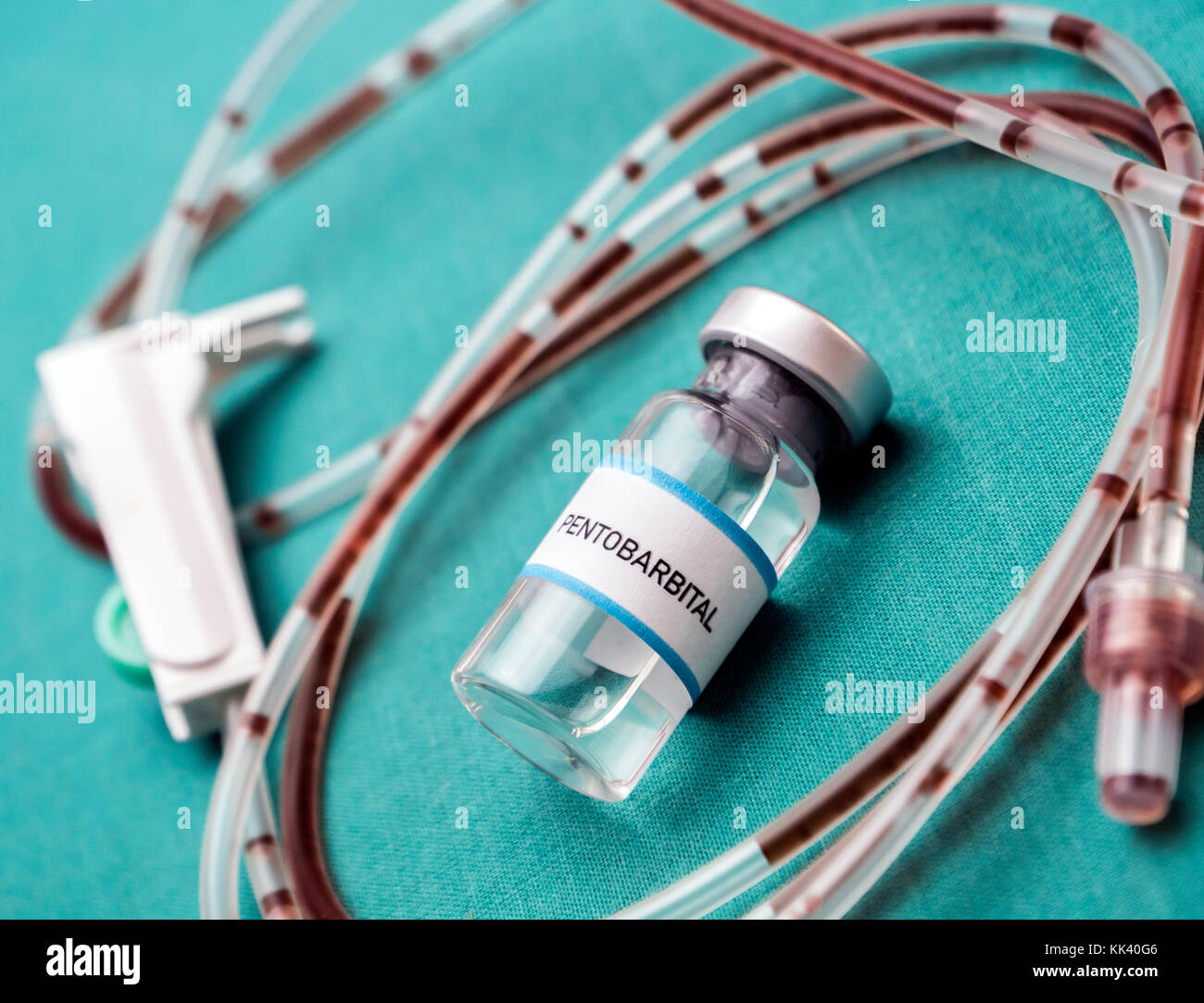 Rubber drip irrigation system with traces of blood along with vial of ...
