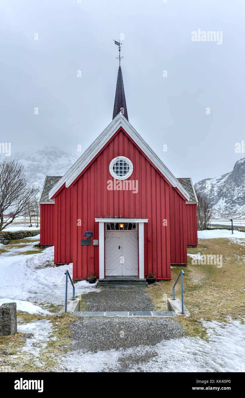 Scenic old red church in Flakstad on Lofoten Islands, Norway in the ...
