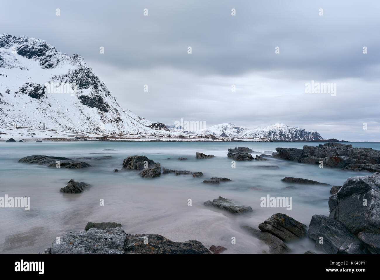 Skagsanden Beach in the Lofoten Islands, Norway in the winter on a ...