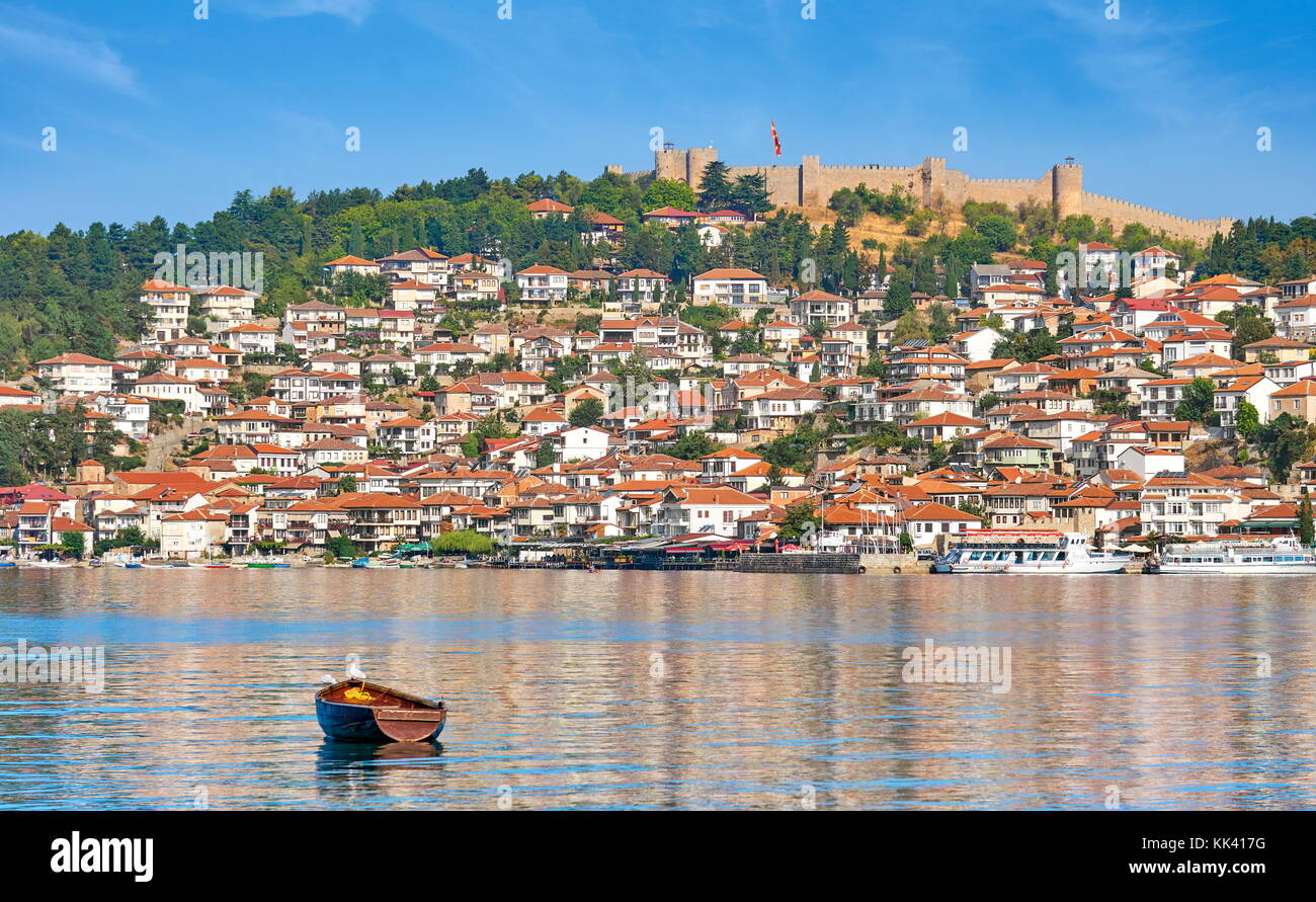 Ohrid Lake and old town city, Samuel's Fortress at the top, Macedonia ...