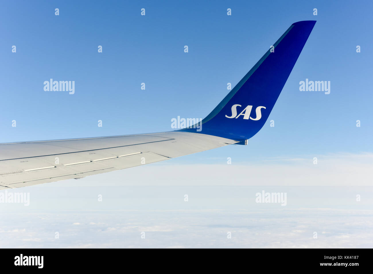 Norway - February 19, 2016: Wing of a SAS (Scandinavian Airlines ...