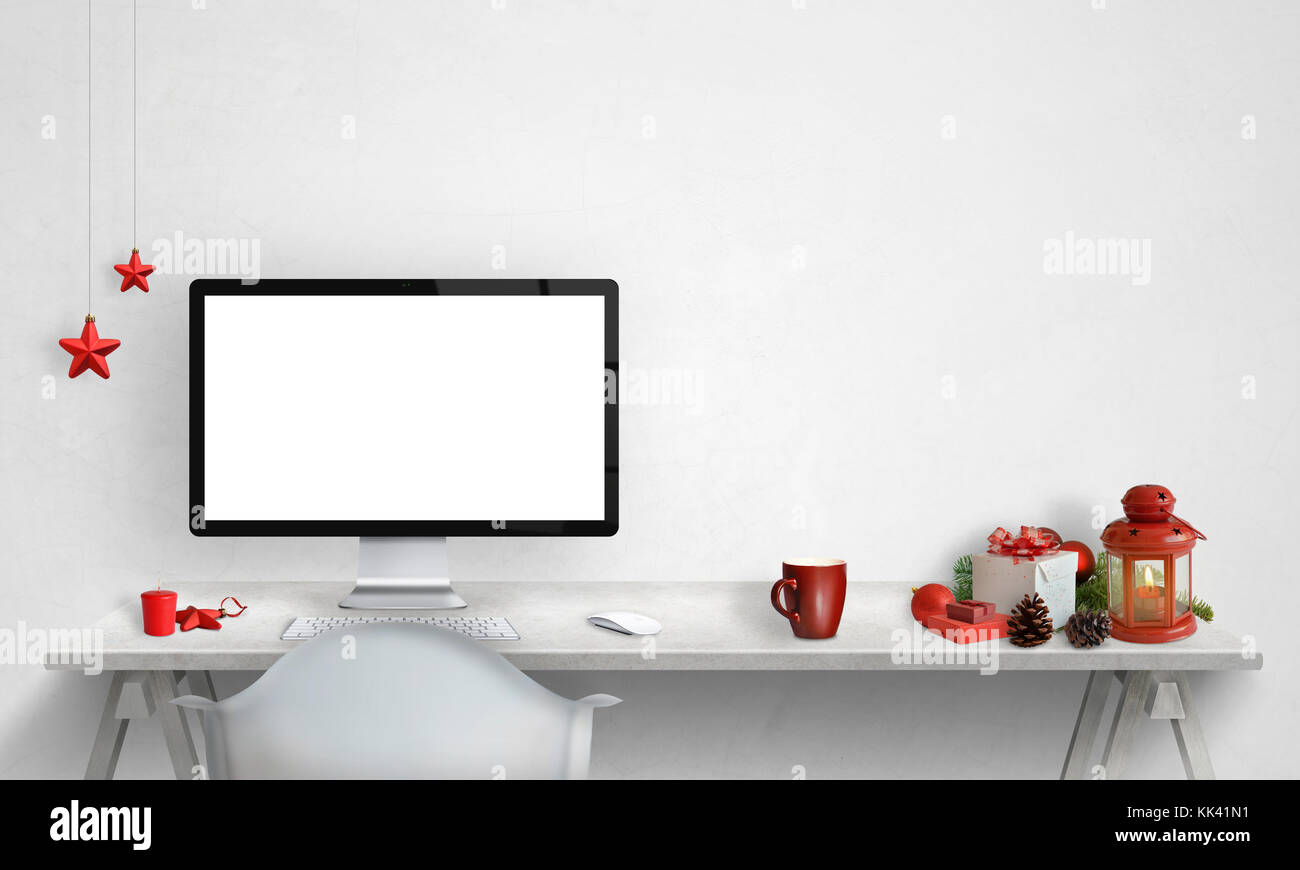 Computer display mockup with Christmas decorations beside. Free space ...