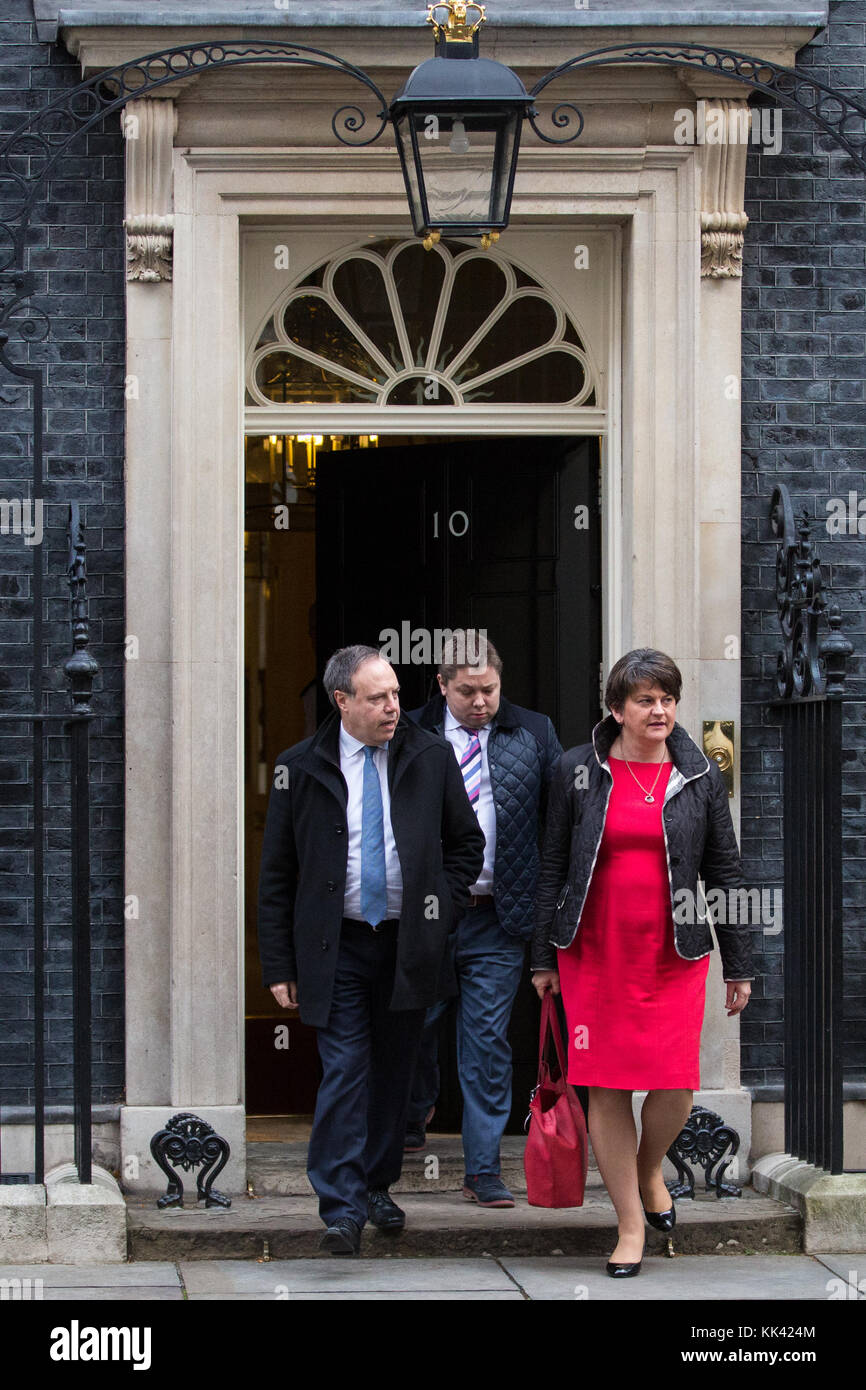 London, UK. 21st November, 2017. DUP leader Arlene Foster and Nigel ...