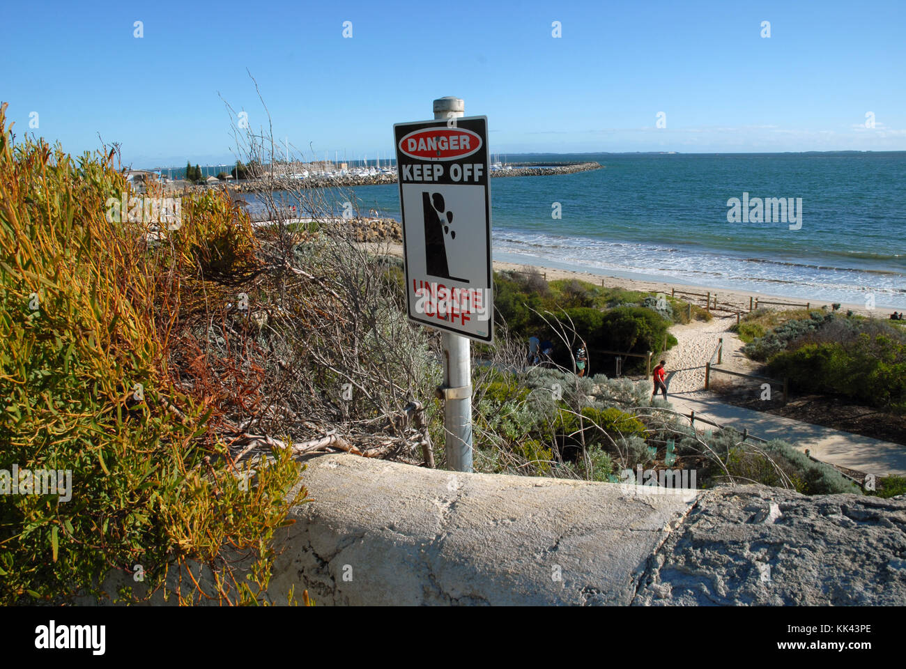 Unsafe Cliff Sign, Fremantle coastline Perth Western Australia Stock ...