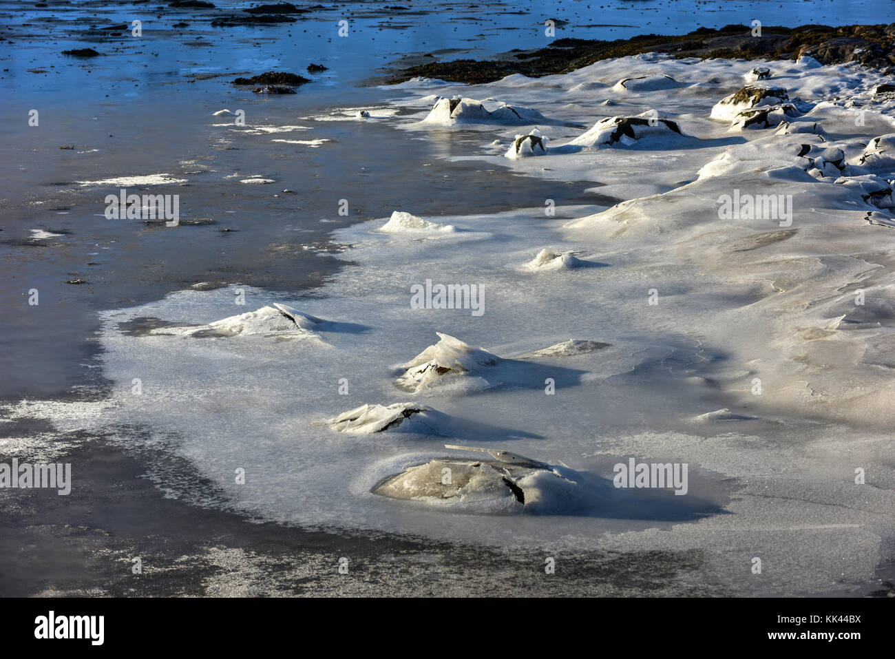 Rock cracking through the ice in Boosen in the Lofoten Islands, Norway ...