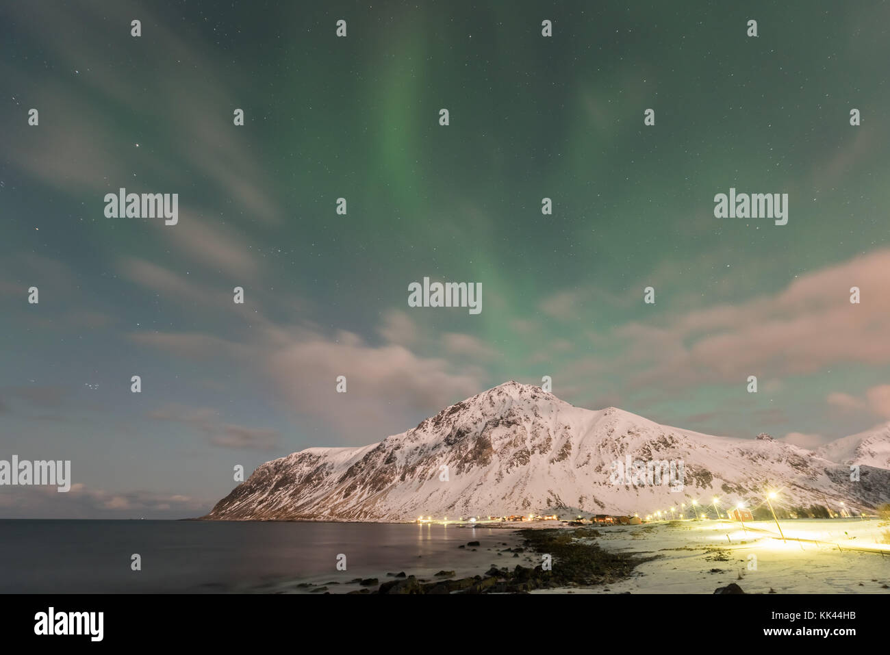 Northern lights over the sea at Vareid, Lofoten Islands, Norway in the ...