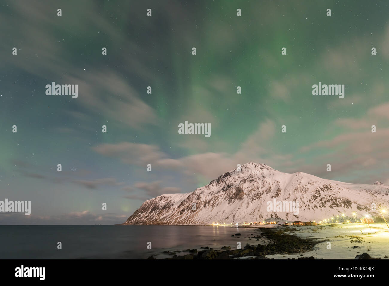 Northern lights over the sea at Vareid, Lofoten Islands, Norway in the ...