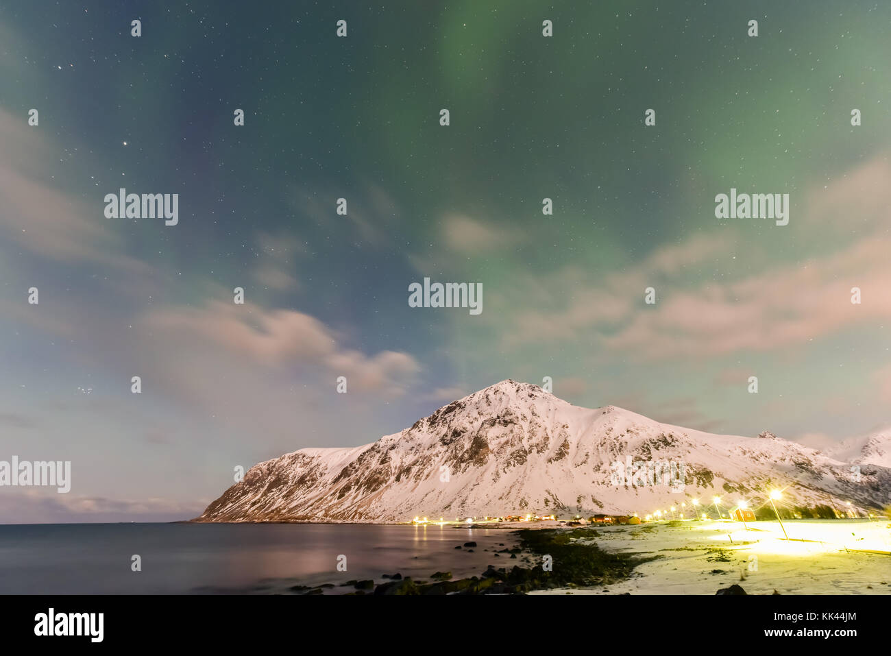 Northern lights over the sea at Vareid, Lofoten Islands, Norway in the ...