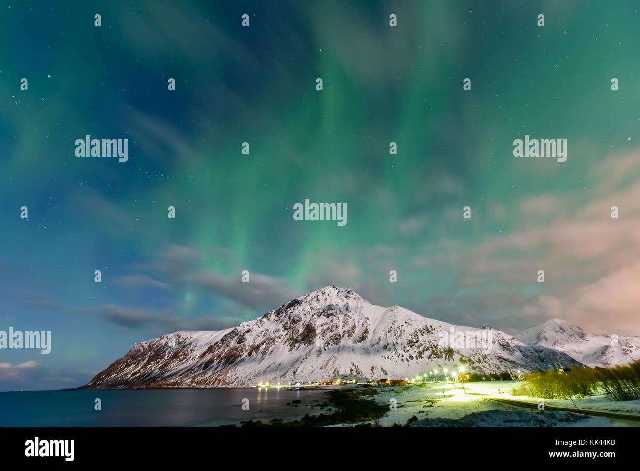 Northern lights over the sea at Vareid, Lofoten Islands, Norway in the ...