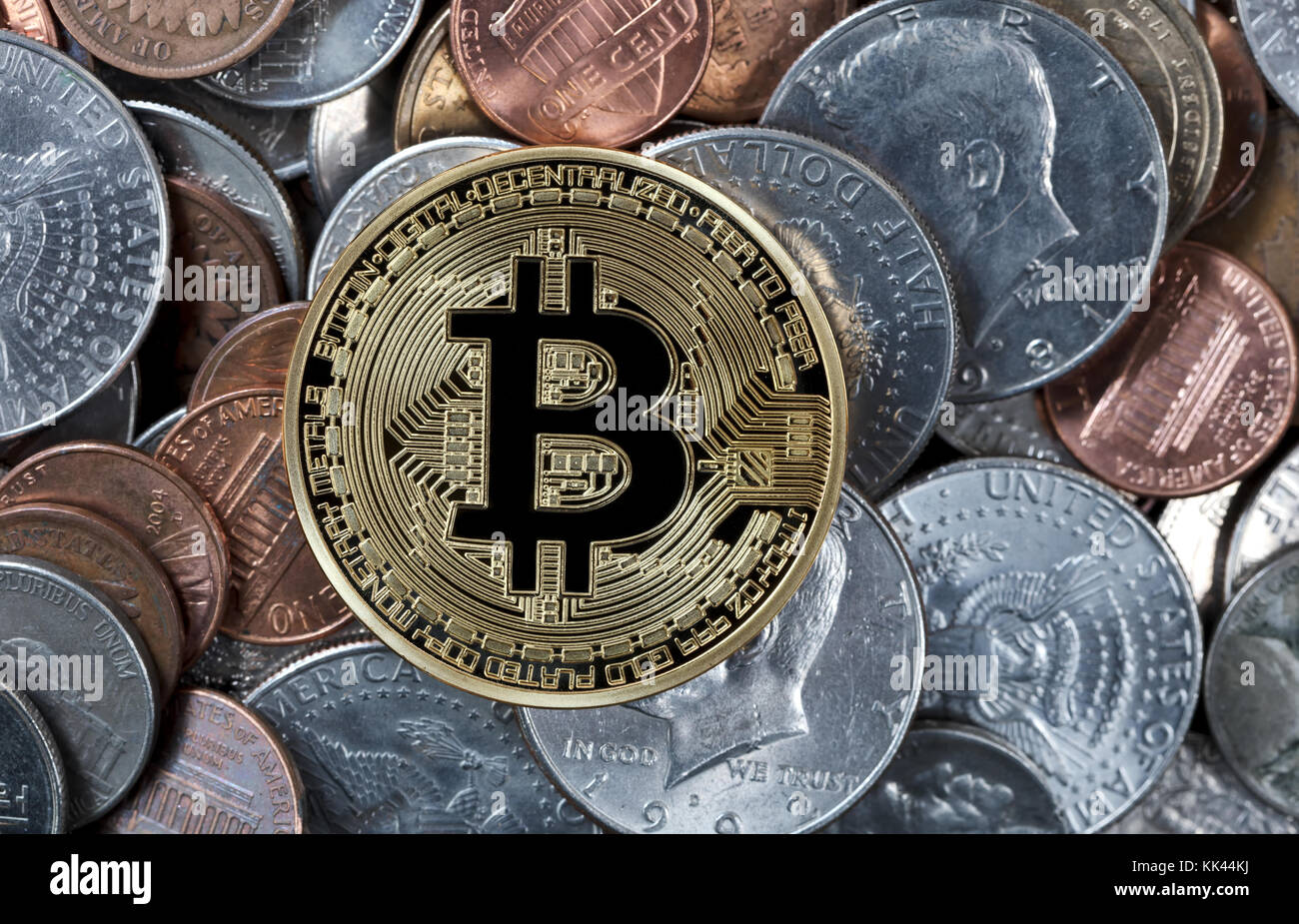 Golden Bitcoin on top of traditional coins- cyber currency concept ...