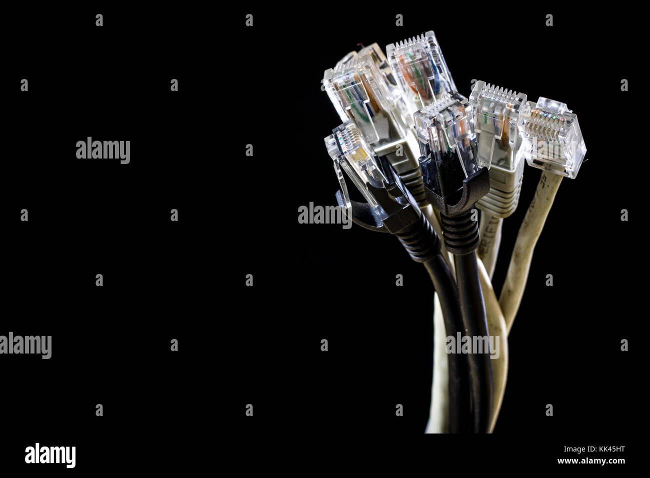 Rj45 cords on the stage. Computer accessories used in network ...