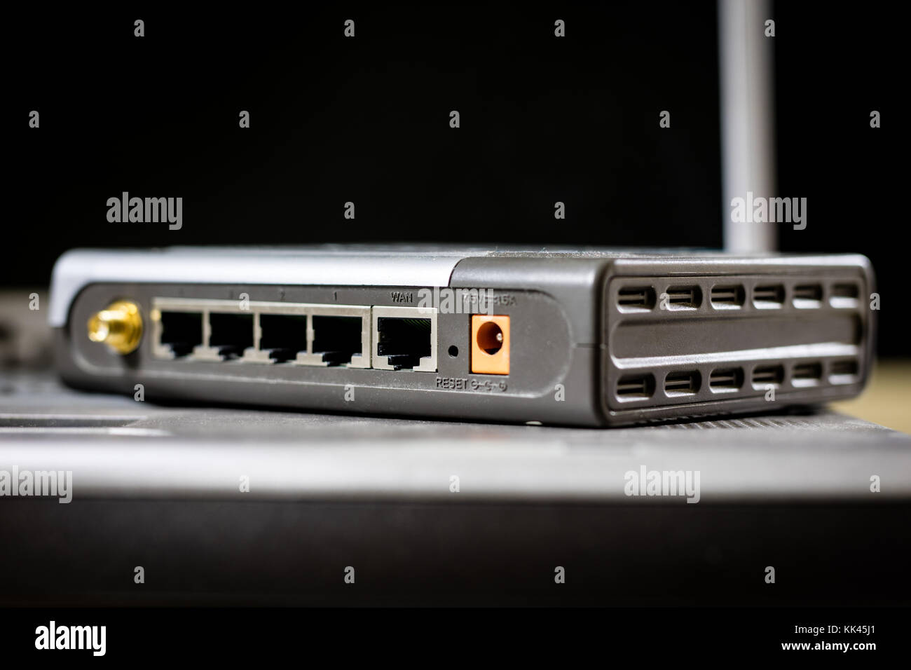 Network hub and rj45 cables on the stage. Computer accessories used in ...
