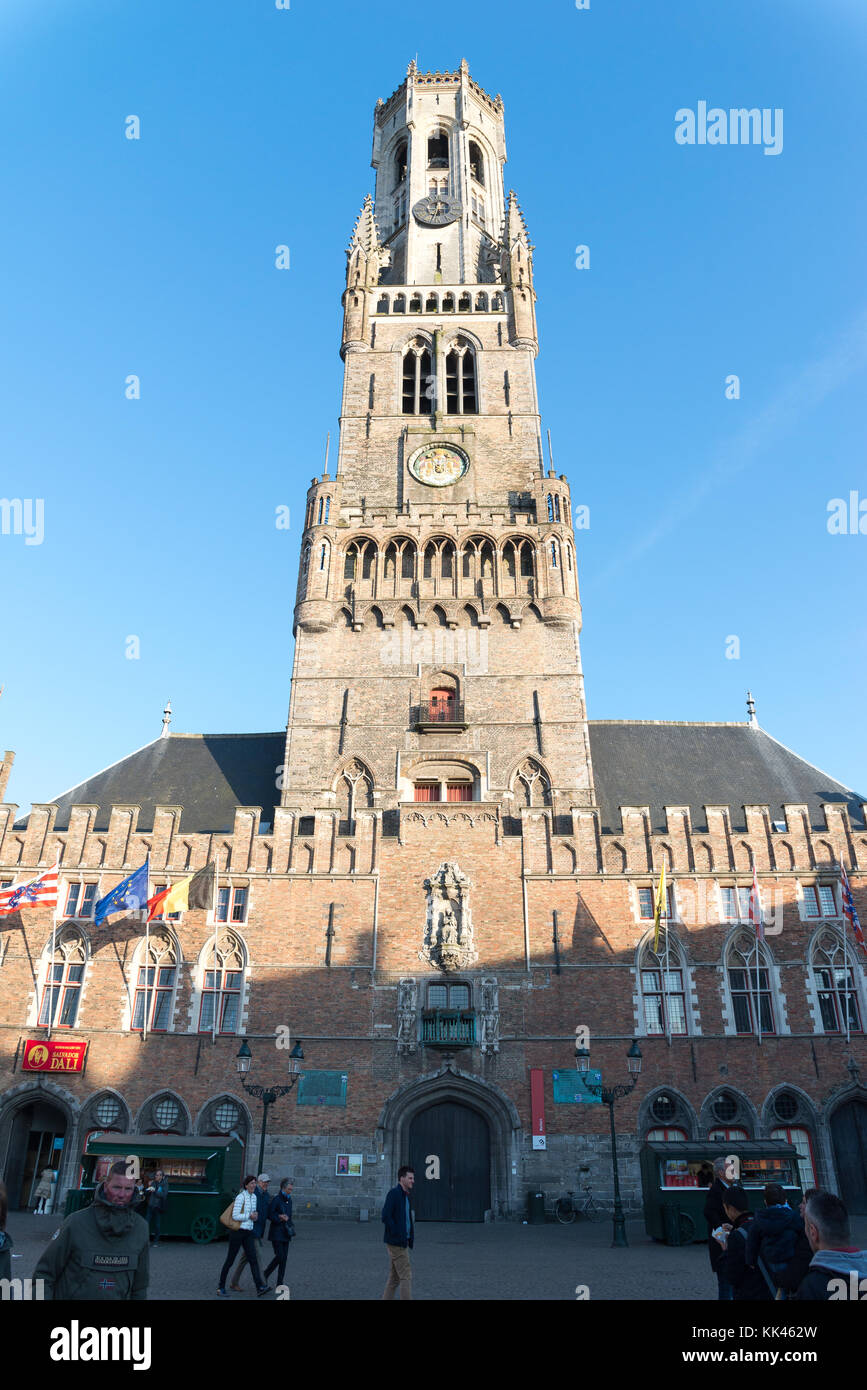 Bruges, Belgium - April 15, 2017: Ancient medieval tower with clock ...