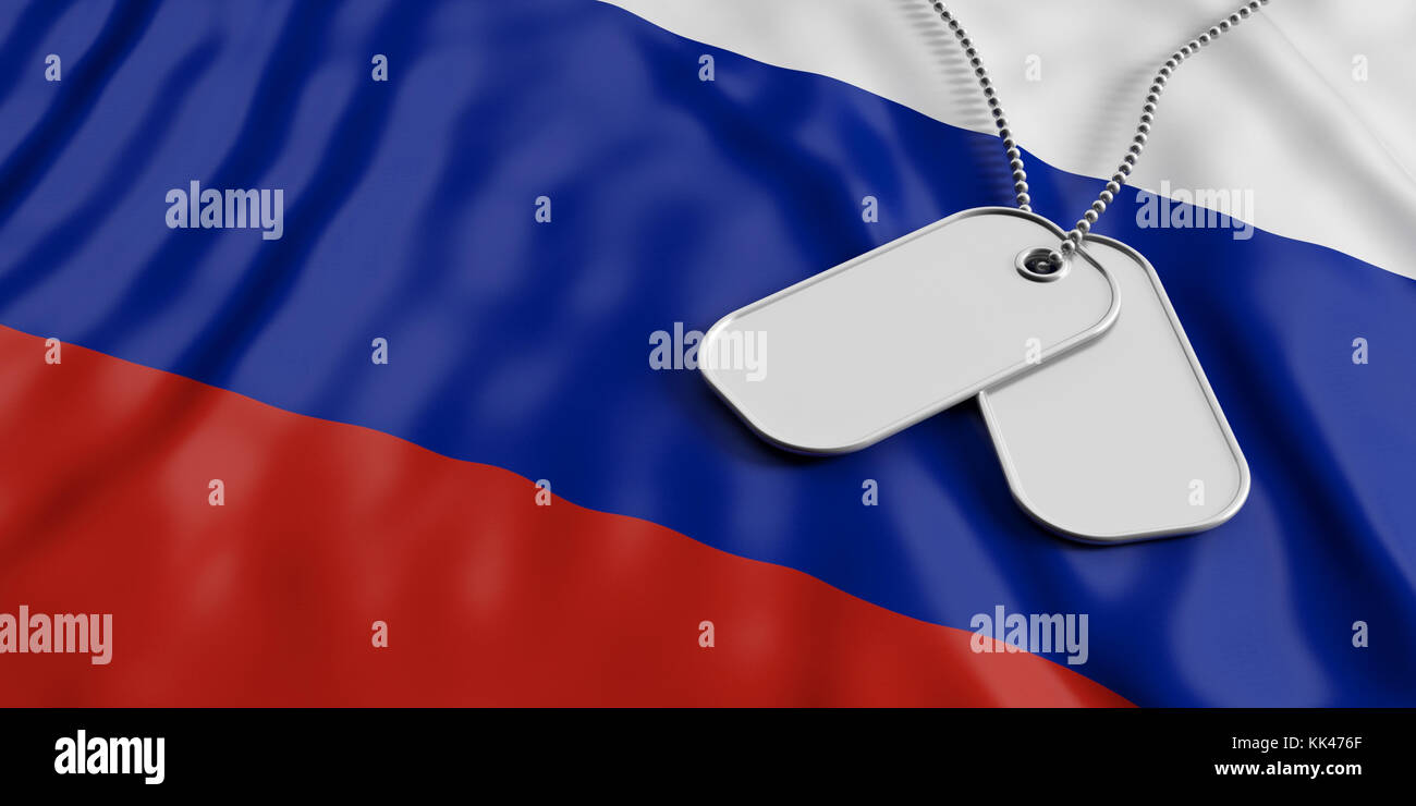 Russia army concept, Blank identification tags on waiving Russia flag ...