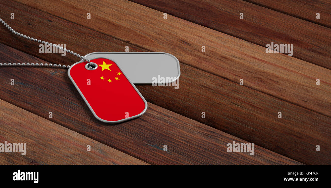 China army concept, China flag identification dog tags on wooden ...