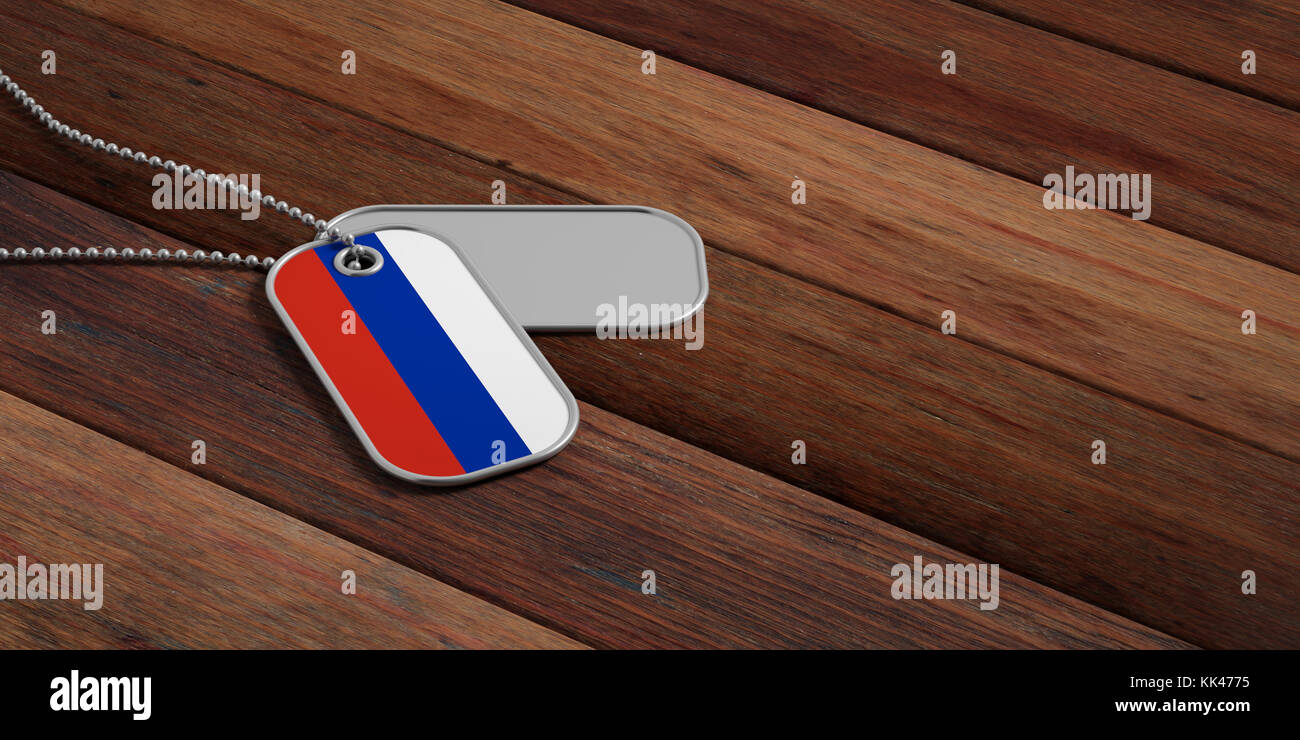 Russia army concept, Russia flag identification dog tags on wooden ...
