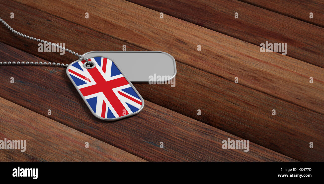 UK army concept, English flag identification dog tags on wooden ...