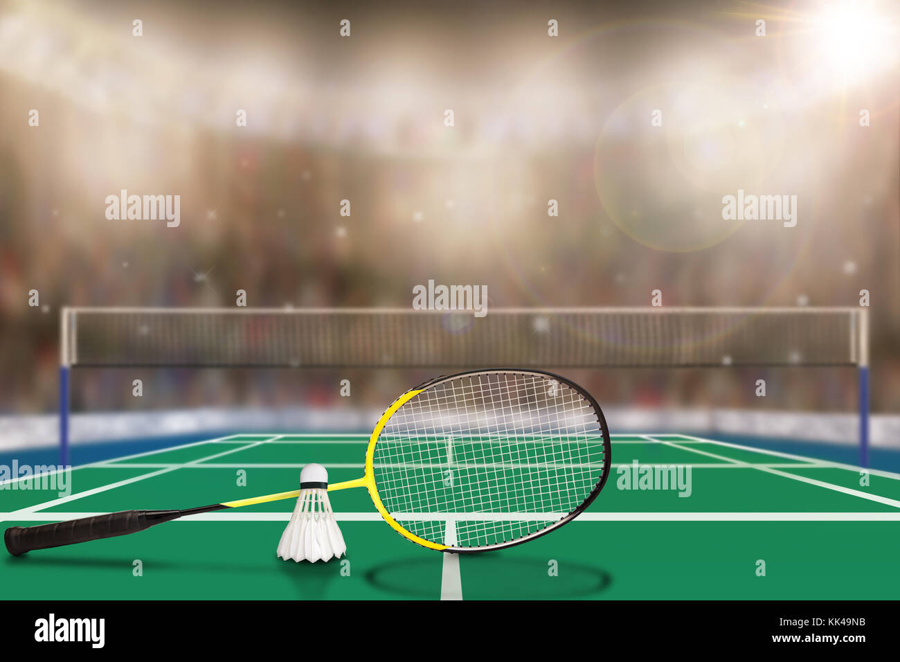 Low angle view of badminton racket and shuttlecock in arena with sports ...