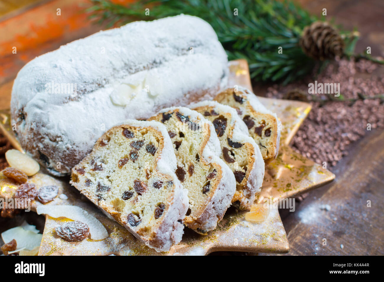 Traditional German Christmas raisins and dried fruits cake with sugar ...
