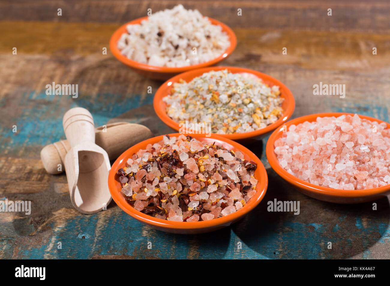 Variety of sea salt, pink Himalayan salt, colorful salt with dried ...