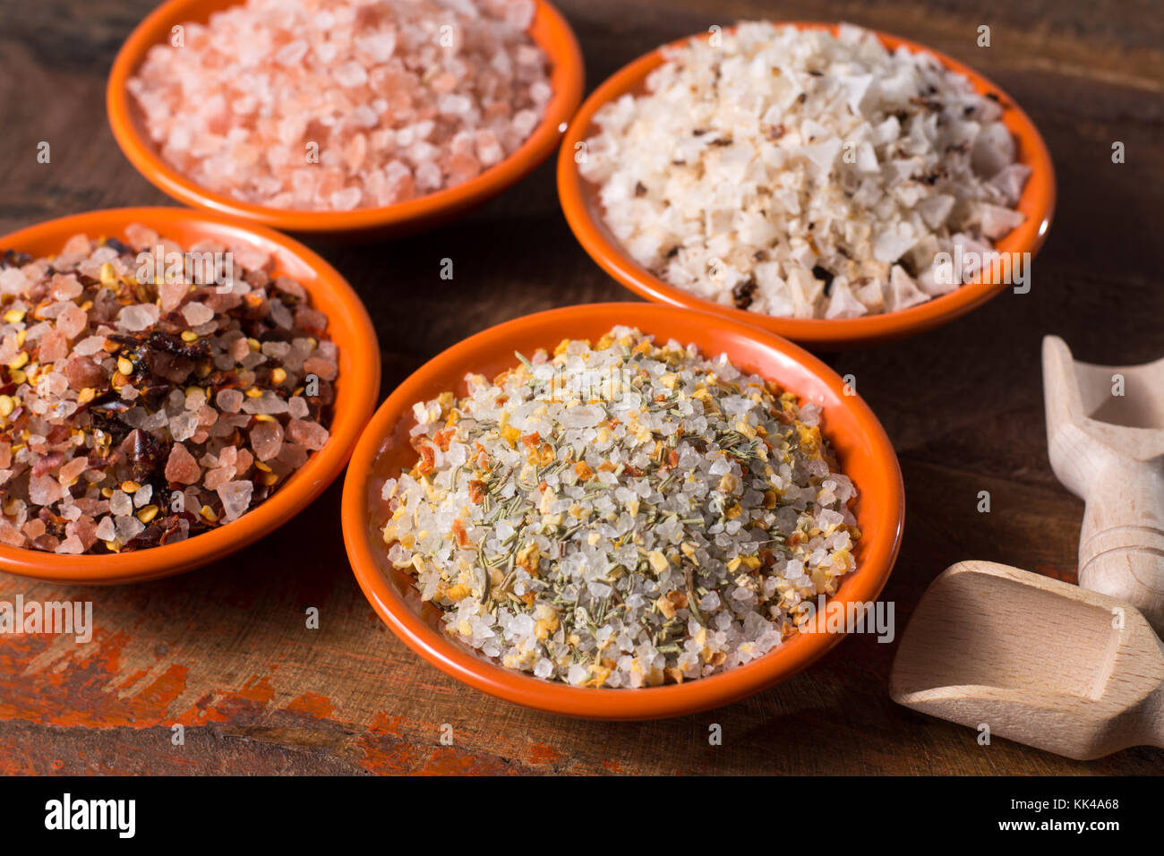 Variety of sea salt, pink Himalayan salt, colorful salt with dried ...