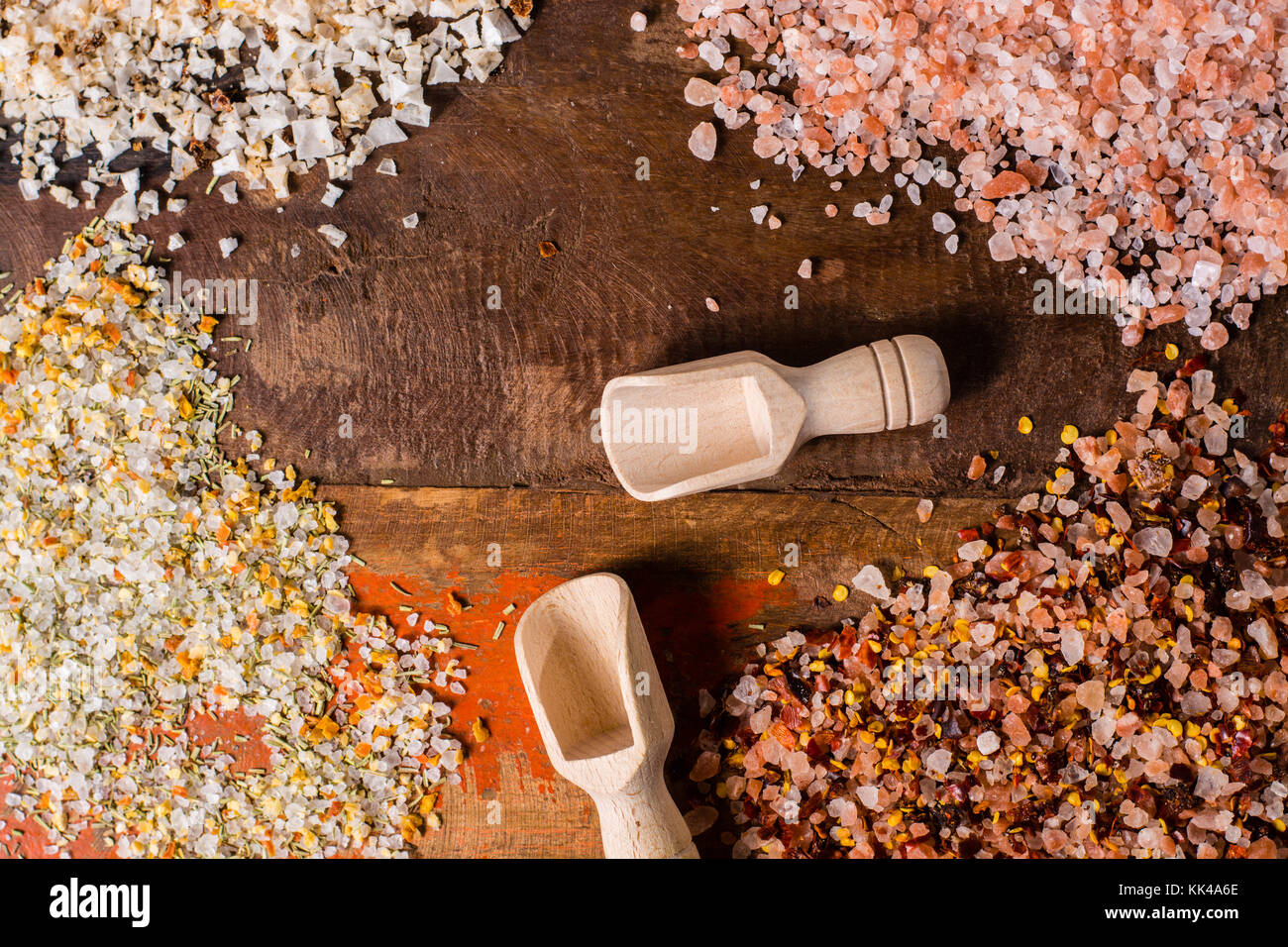 Variety of sea salt, pink Himalayan salt, colorful salt with dried ...