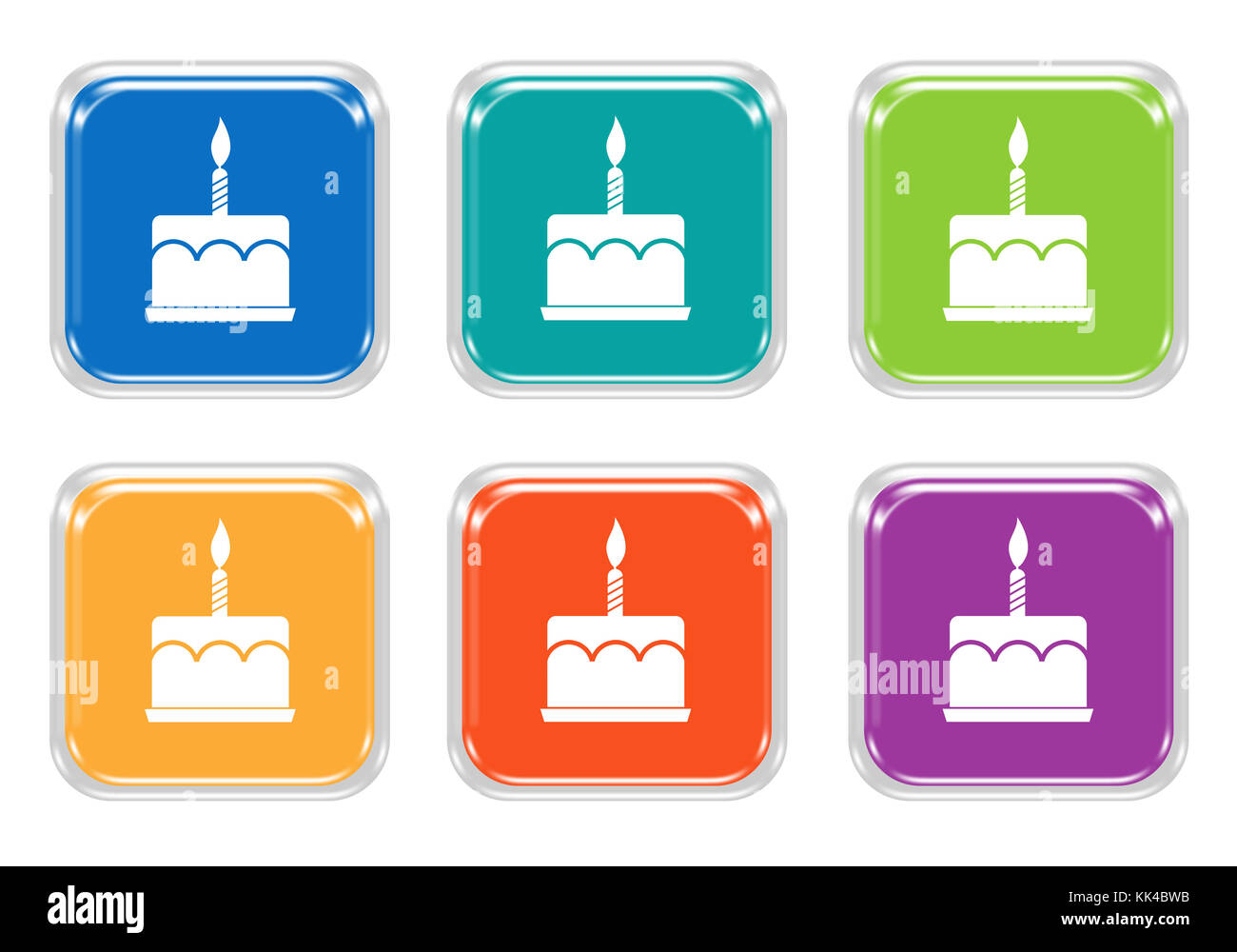 Set of rounded square colorful buttons with cake symbol in blue, green ...