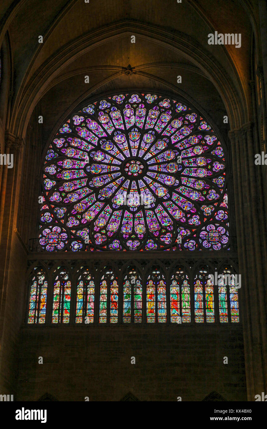 The great stained glass window of the Notre Dame in Paris Stock Photo ...