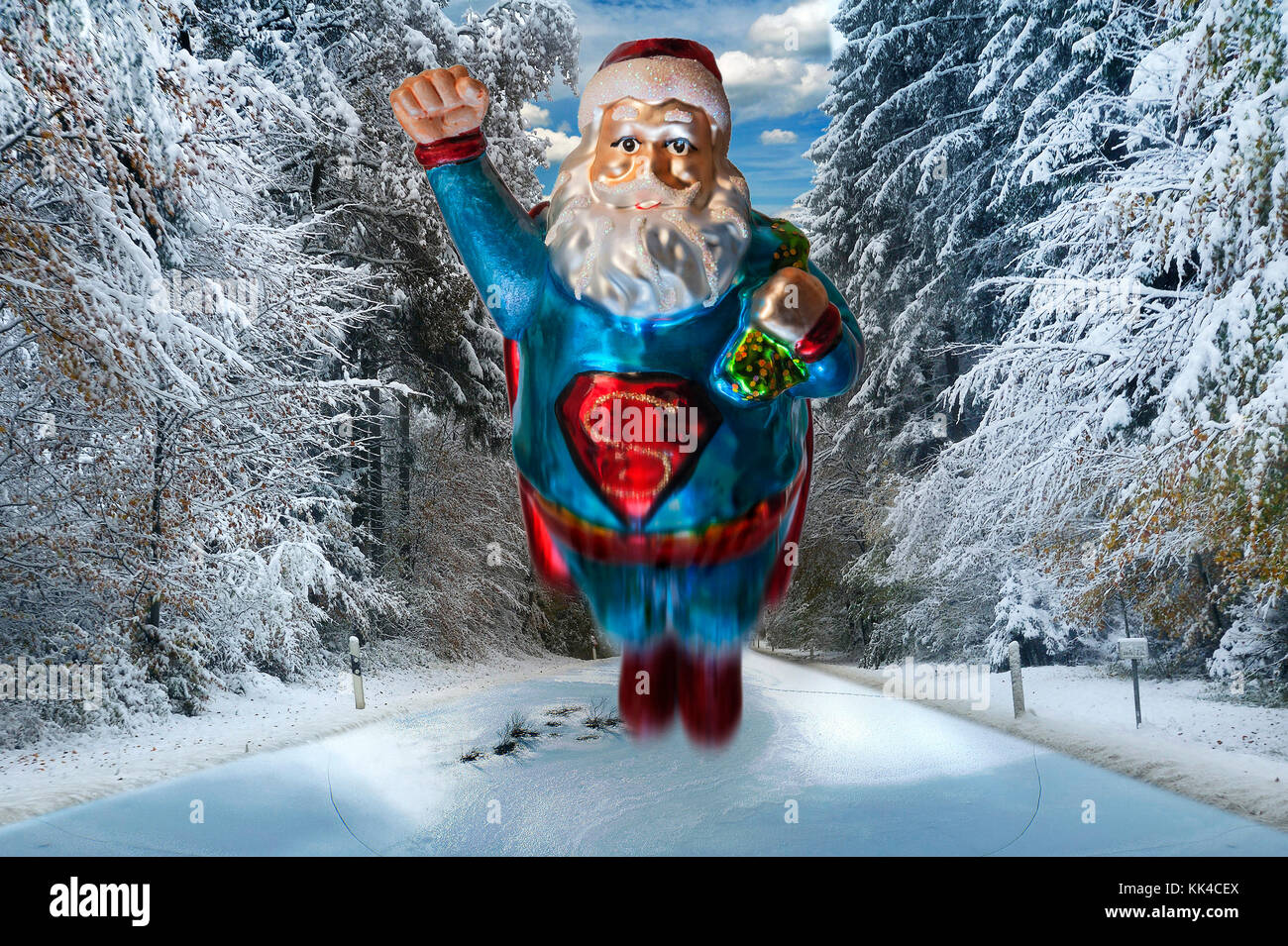 Santa Claus as Superman, Christmas tree figure in a snowy forest Stock ...