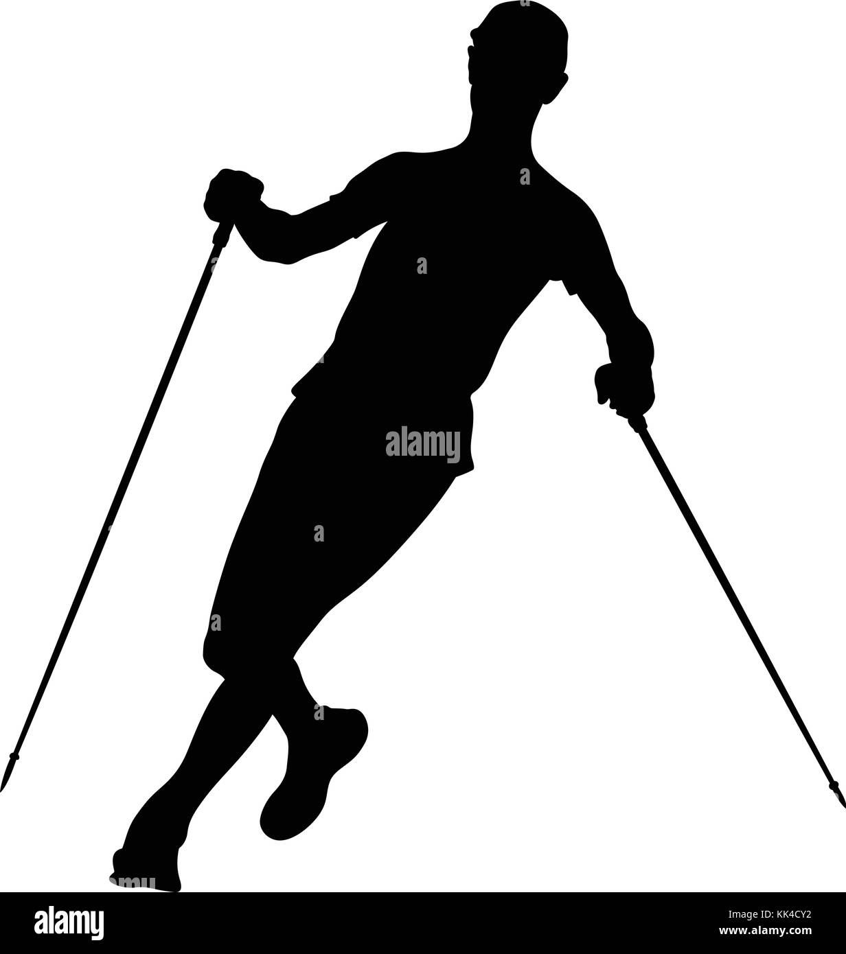 black silhouette athlete skyrunner with trekking sticks running trail ...