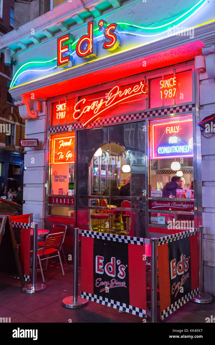 Ed's Easy Diner restaurant, night shot with neon light illuminations ...